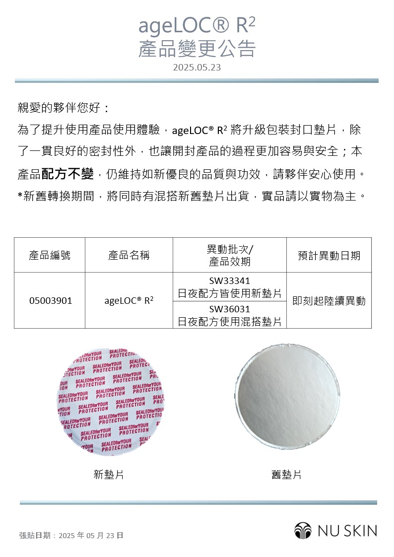 ageLOC R2產品變更公告 2025.05.23｜NU SKIN 如新台灣